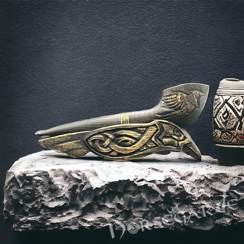 Handcarved Raven Smoking Pipe with Brass Inlay and Stand - Ash