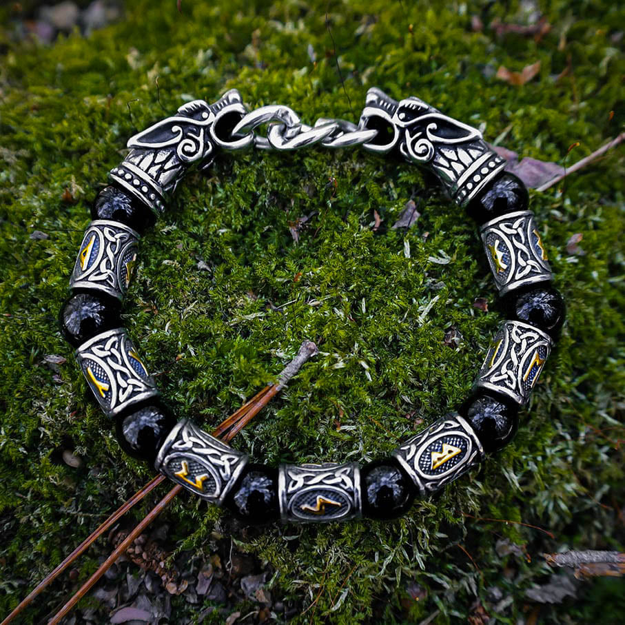 Viking Wolf Head Rune Bracelet – Norse Futhark Stone Bead Bracelet