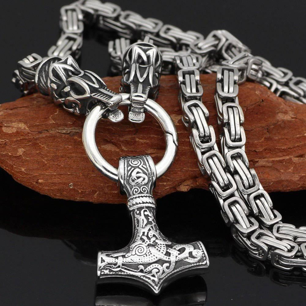 Viking Fenrir Heavy Chain with Mjölnir - Norse Wolf Byzantium Necklace