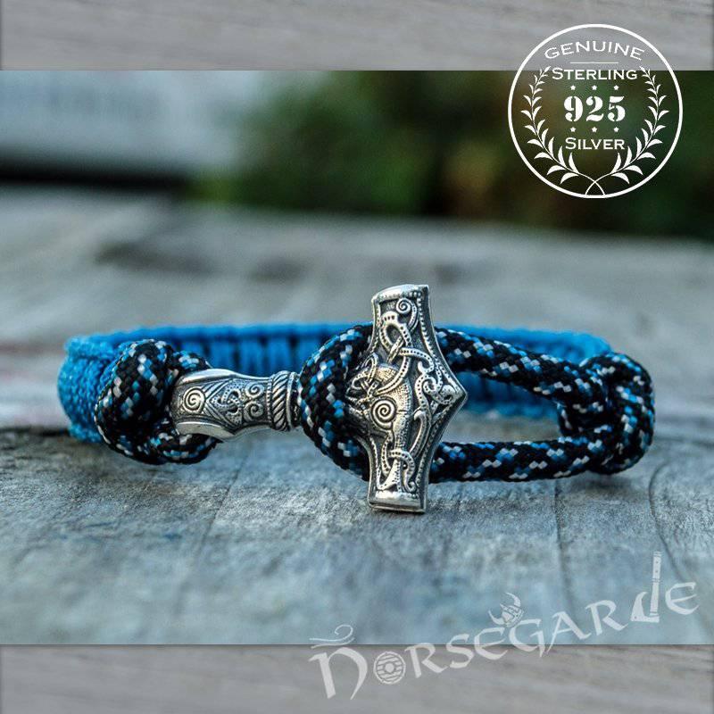 Handcrafted Ocean Paracord Bracelet with Mjolnir - Sterling Silver