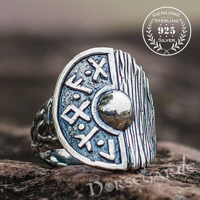 Viking Rune Shield Ring - STERLING SILVER Handmade Norse Ring