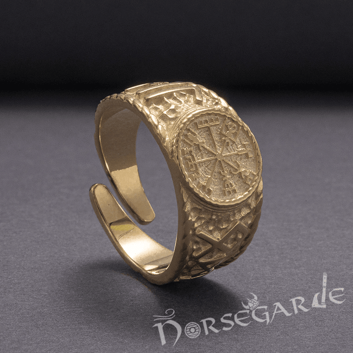 Handcrafted Vegvisir Runic Signet Ring - Viking Gold Band