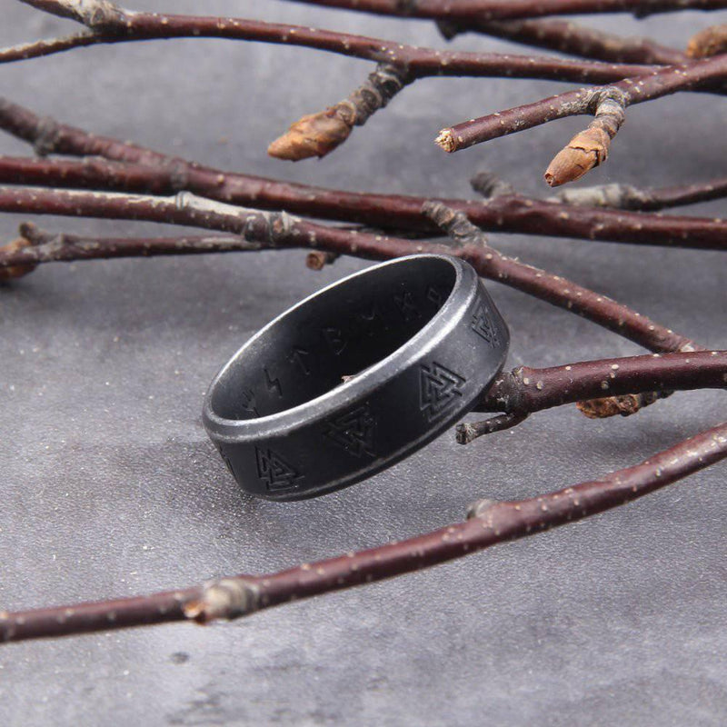 Viking Ring with Runes - Stainless Steel Modern Band with Norse Runes