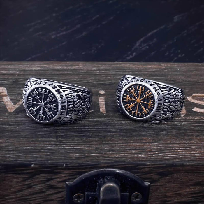 Viking Vegvisir Rune Ring - Norse Compass Runic Signet