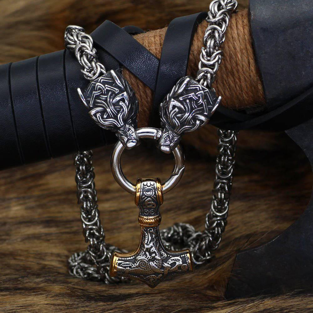 Celtic Wolf King's Chain - Heavy Viking Necklace with Mjolnir