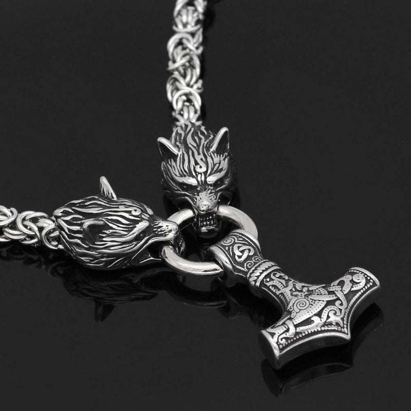 Viking Mjölnir Wolf Head Necklace – Norse Thor’s Hammer Stainless Steel ...