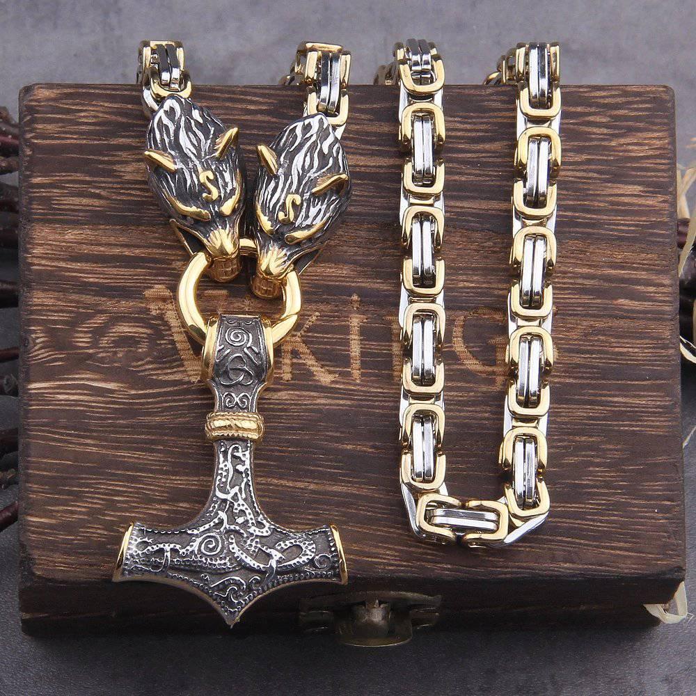 Viking Wolf Heavy Chain with Mjolnir - Norse Byzantium Necklace