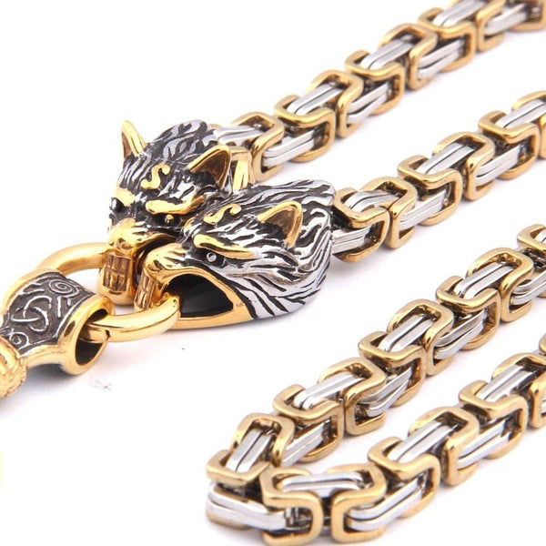 Viking Wolf Heavy Chain with Mjolnir - Norse Byzantium Necklace