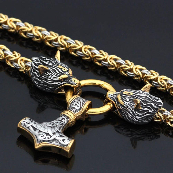 Viking Wolf King's Chain & Mjolnir - Norse Golden Necklace
